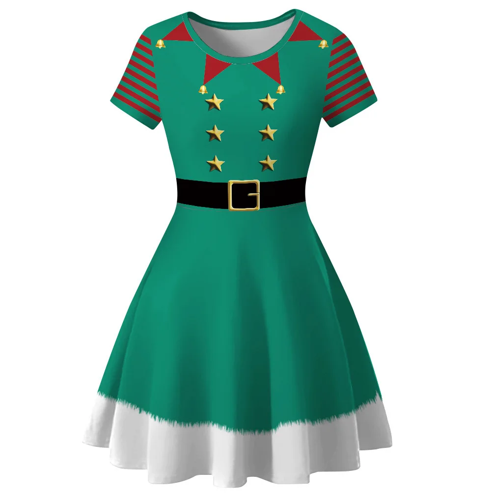 Vestido de Navidad para mujer, de manga corta, verde, estampado, ropa ...
