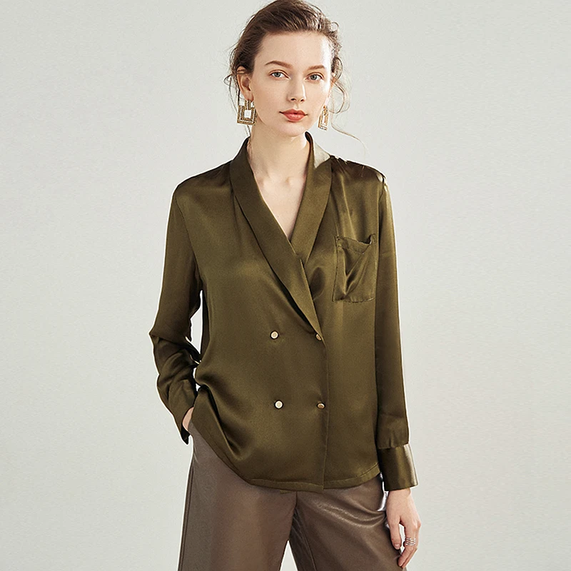 100% Silk Blouse Women Formal Shirt Solid Deep V-neck Long Sleeves ...