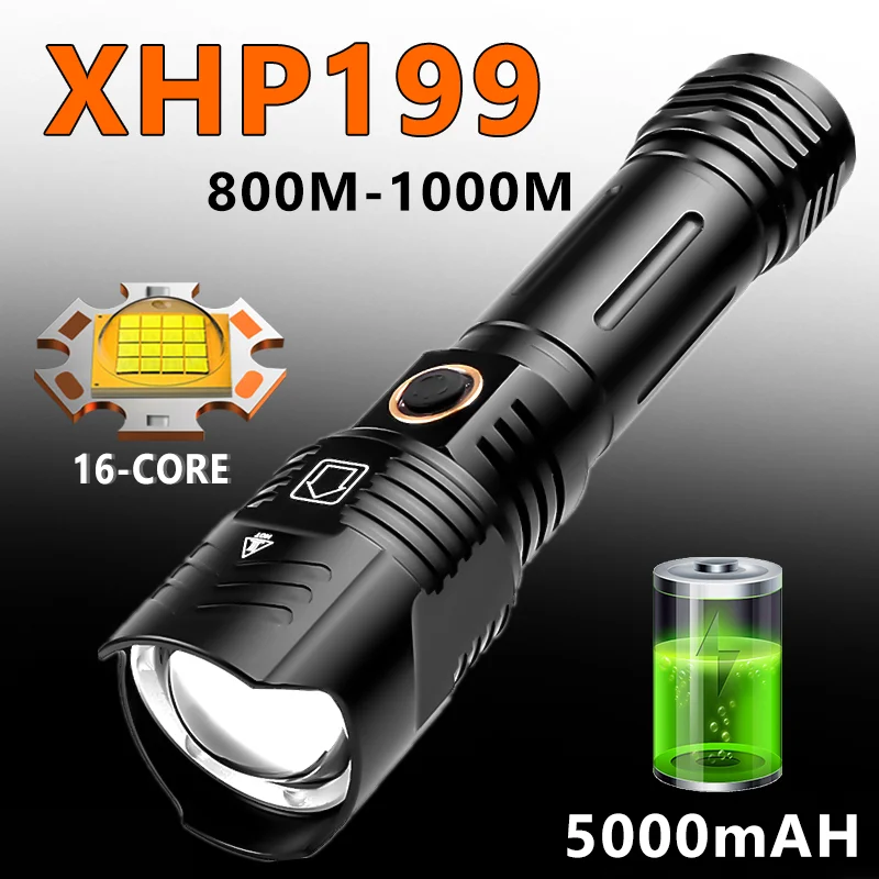 Potente linterna LED XHP199, Zoom de recarga USB, resistente al agua ...