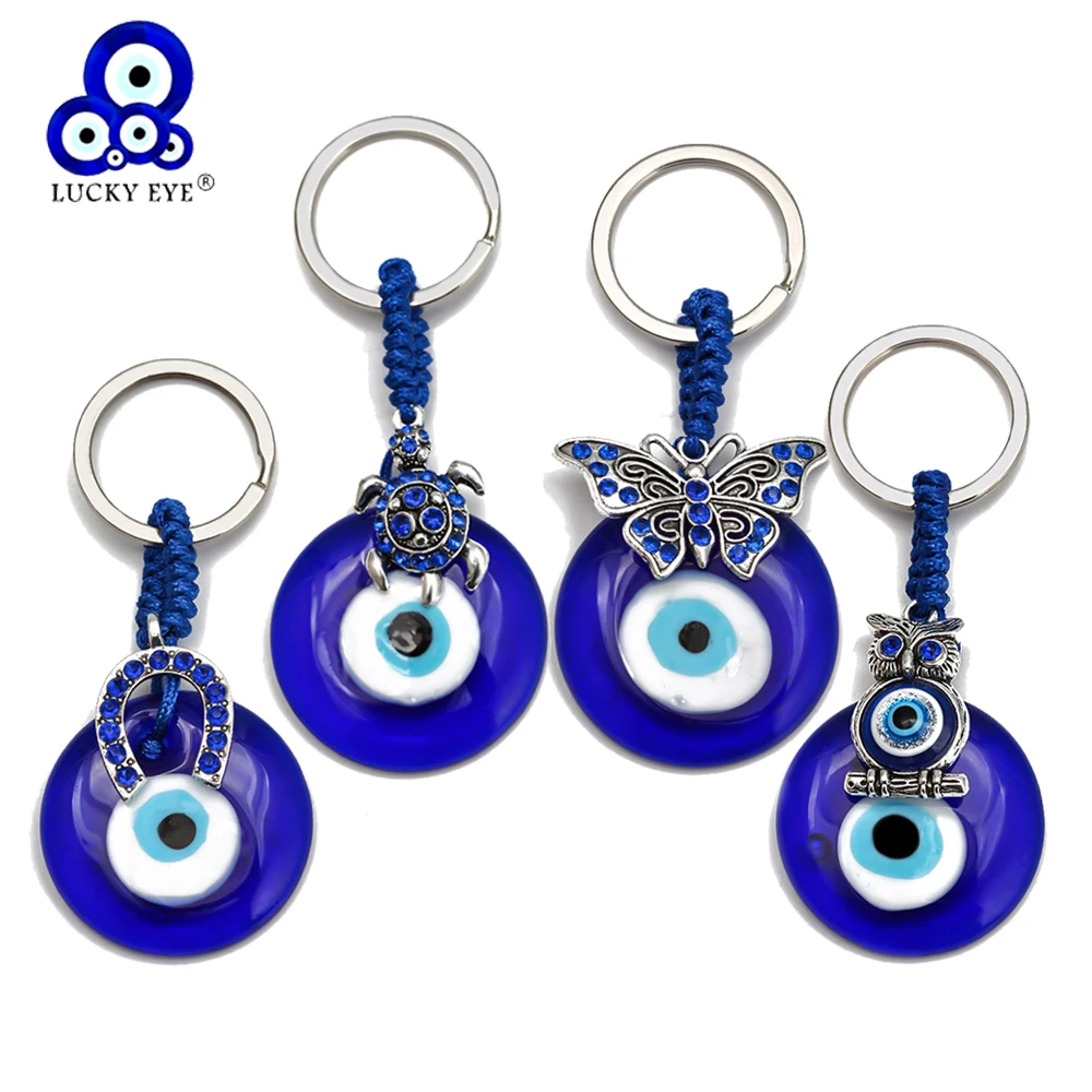 Lucky Eye Owl Tortoise Butterfly Glass Blue Turkish Evil Eye Keychain ...