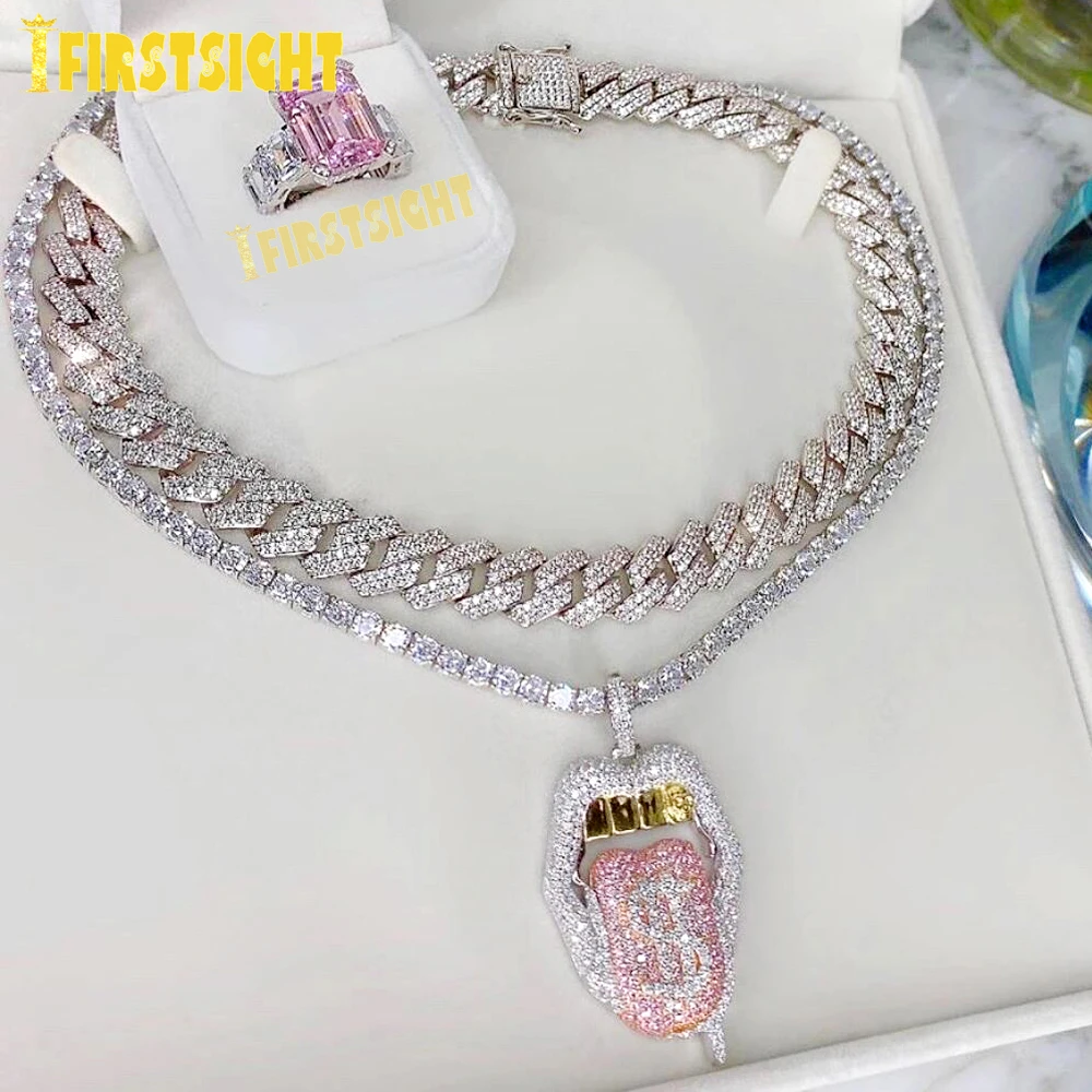Iced Out Bling 5a Cz Sexy Mouth Pendant Necklace Dollar Symbol Micro ...