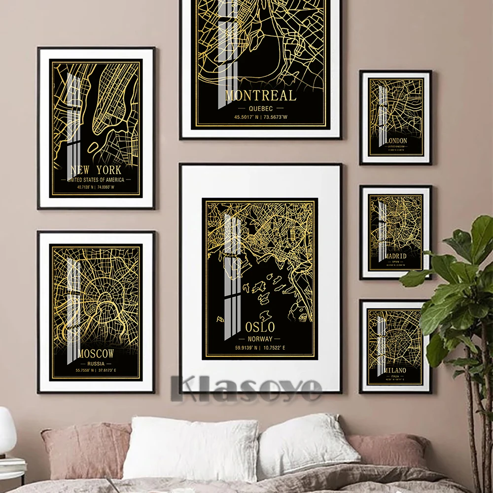 Dark-Background-Golden-Line-Drawing-Map-Creative-Print-Poster-Modern ...