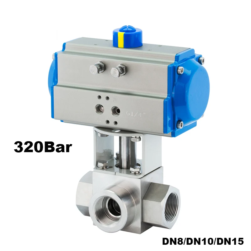 DN8/DN10/DN15 32Mpa 300bar High Pressure Ball valve 3 Way Stainless steel SS304 Pneumatic Ball ...