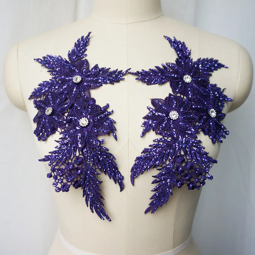 2pcs Rhinestones Purple Sequins Embroidered Applique Sewing Glitter ...
