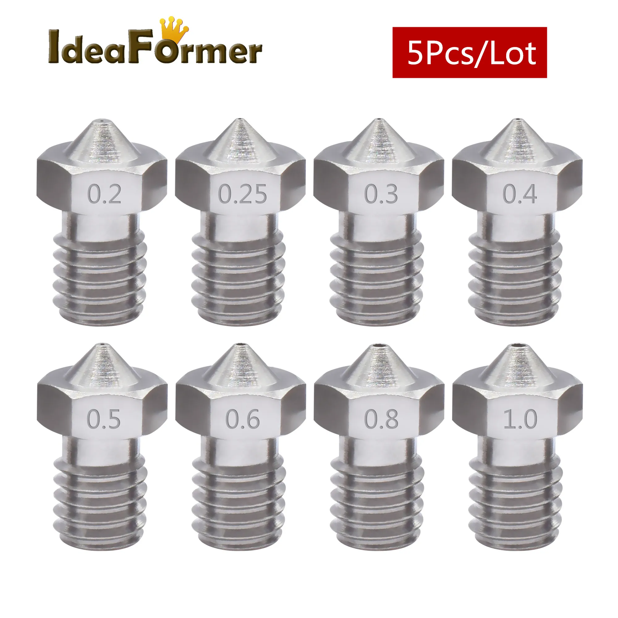 5pcs Stainless Steel E3d V6 Nozzle M6 Thread 0.2/0.25/0.3/04/0.5/0.6/0 ...