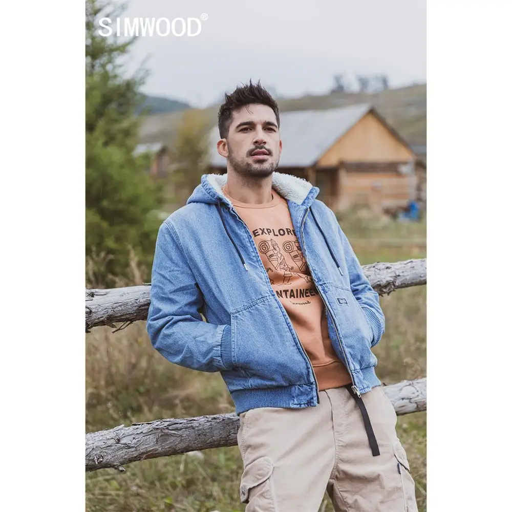 SIMWOOD 2021 Winter new berber fleece inner denim coats men warm faux shearling Hooded Jackets ...
