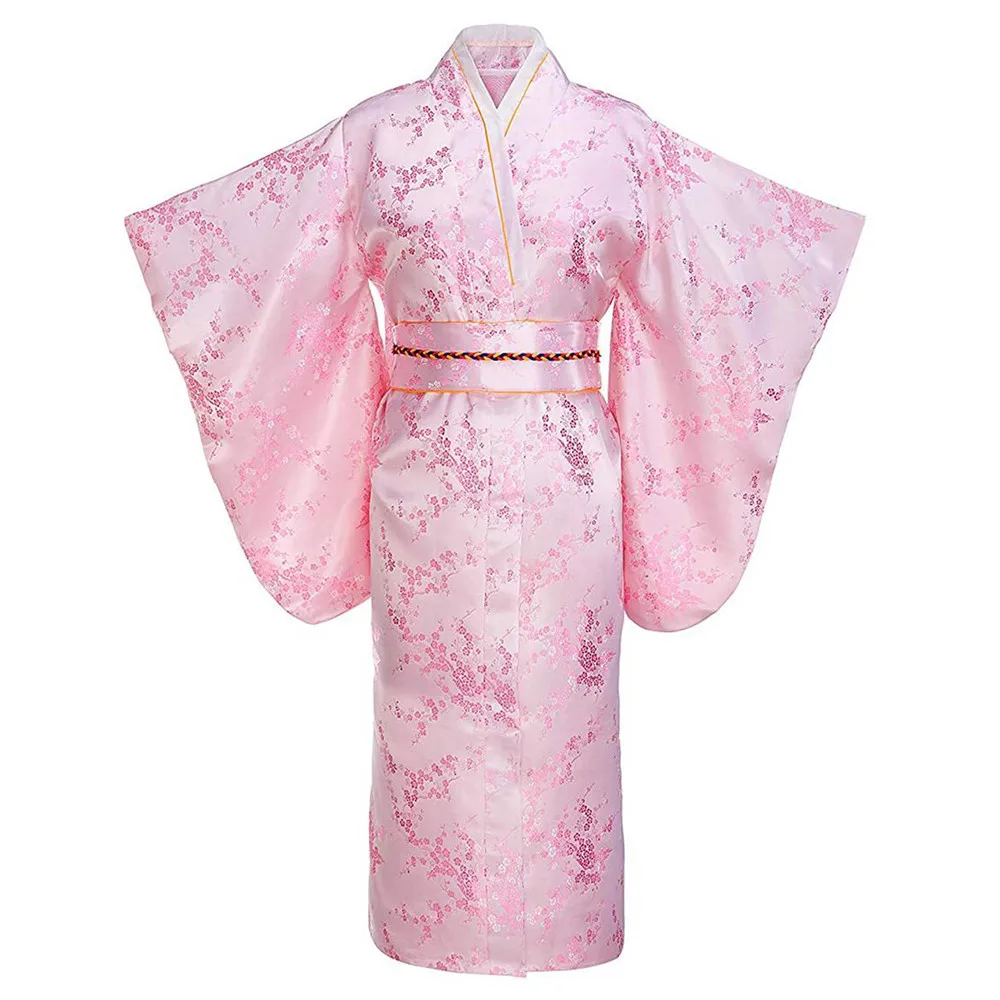 Pink Print Flower Young Lady Japanese Traditional Kimono Bathrobe Gown ...
