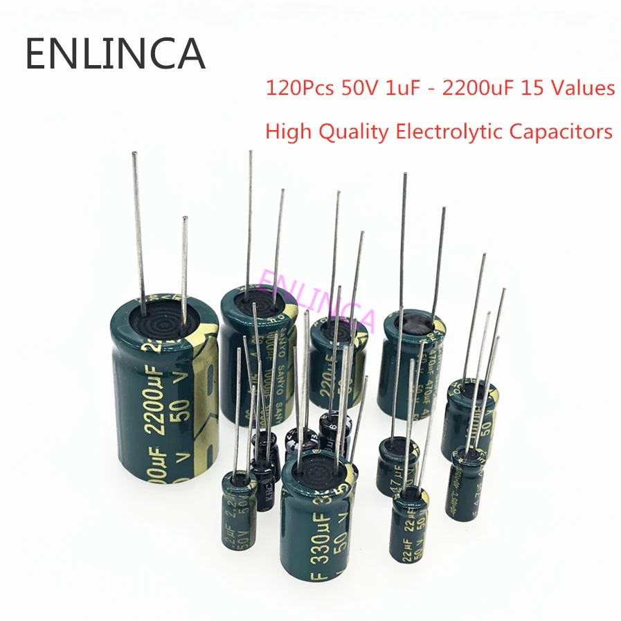 120Pcs 50V 1uF - 2200uF 15 Values High Quality Electrolytic Capacitors ...