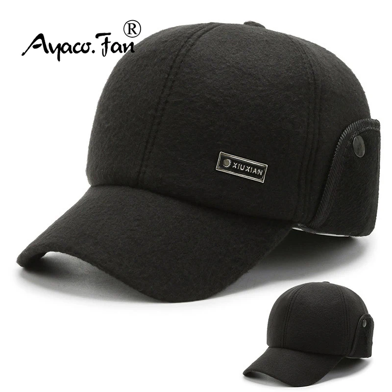 Winter-Ears-Protected-Men-Woolen-Baseball-Cap-Women-Solid-Black-Warmer ...