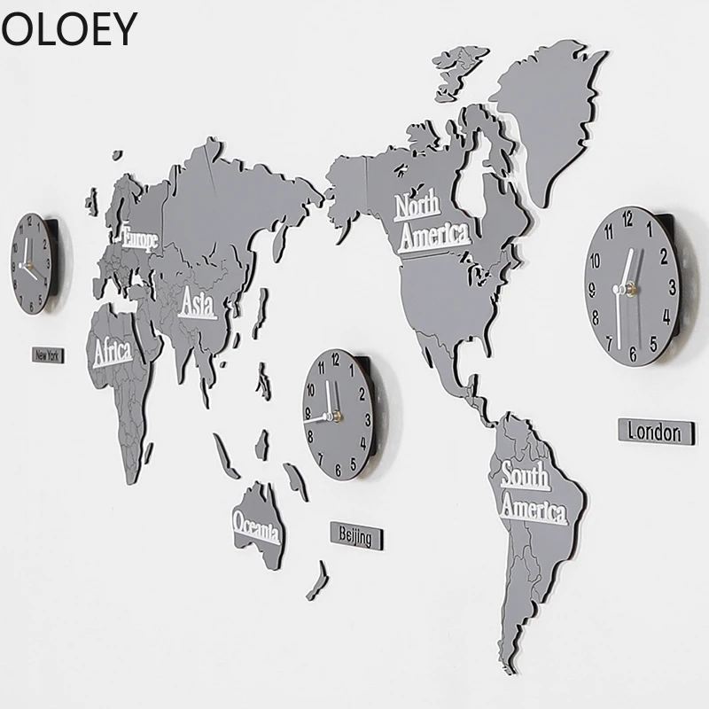 Large World Map Wall Clock Living Room Nordic 3D Sticker Wall Clock ...