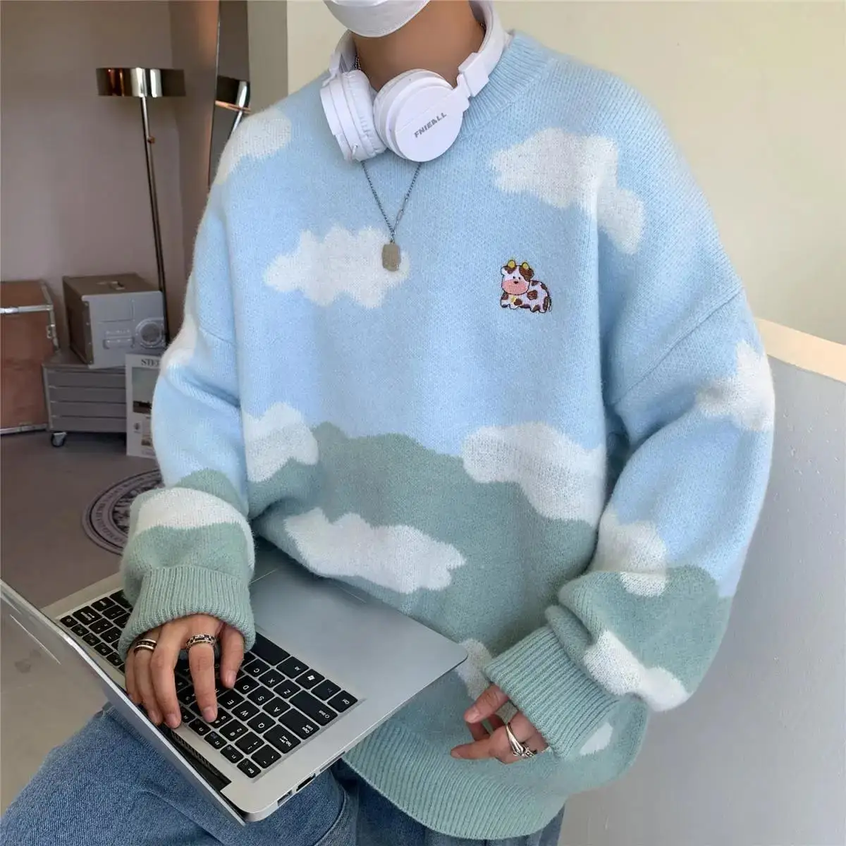 Suéter azul cielo con estampado de vaca para mujer, ropa de invierno de ...