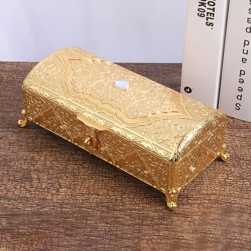 Vintage Gold Embossed Trinket Box Lockable Metallic Engraved Jewelry ...
