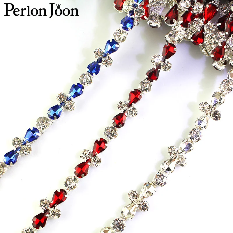 1 Yard Color Drop Rhinestone Trim Drop Shape Glass Crystal Silver Chain ...