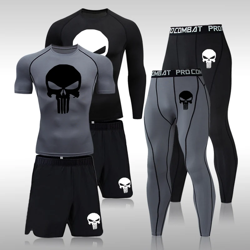 4XL MMA Men Compression Sets Tracksuit Skull Mens Sport Jogging Suit ...