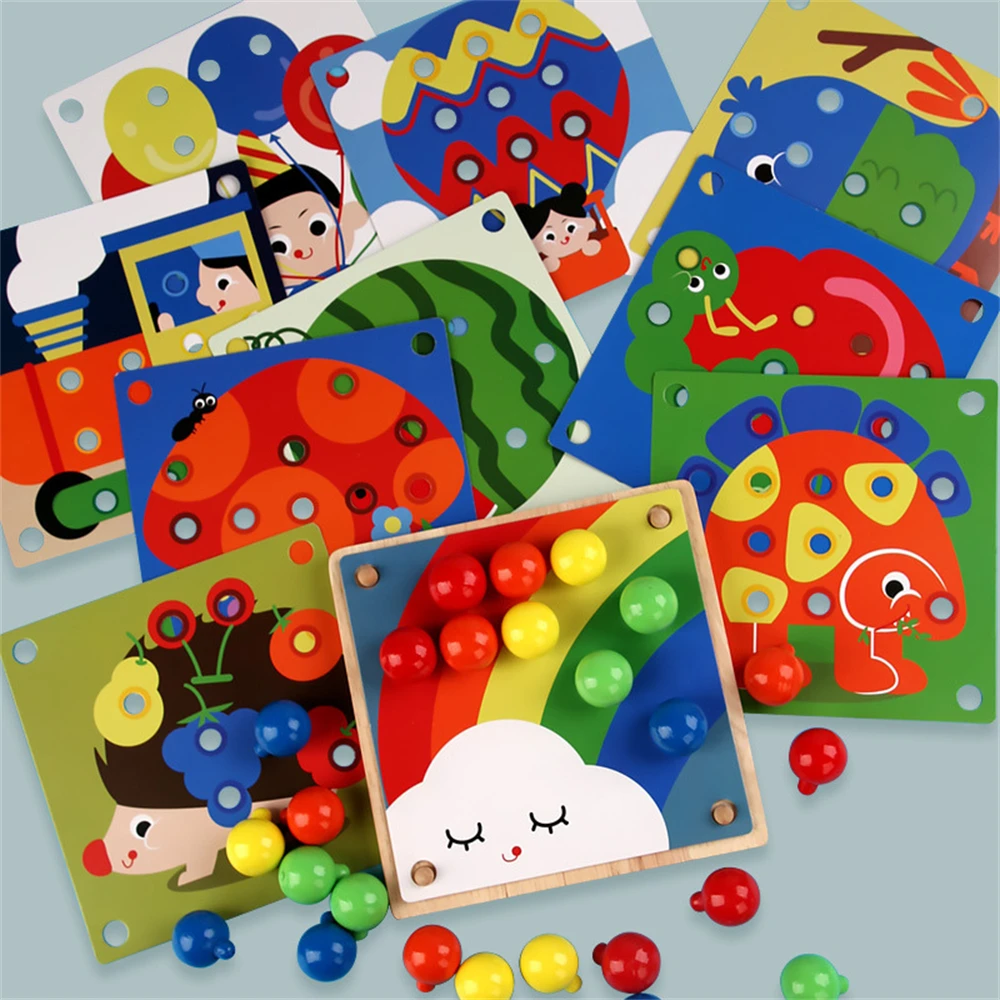 Kids Wooden Mushroom Nail 3d Puzzle Toy Colorful Buttons Assembling ...