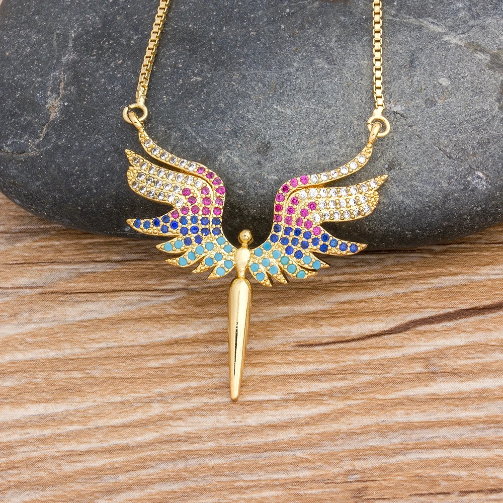 Classic Angel Wings Rainbow Pendant Necklace Copper Cubic Zirconia Gold ...