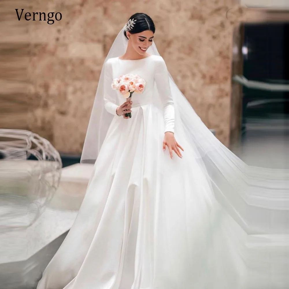 Verngo vestido de novia de satén, prenda de vestir de manga larga con ...