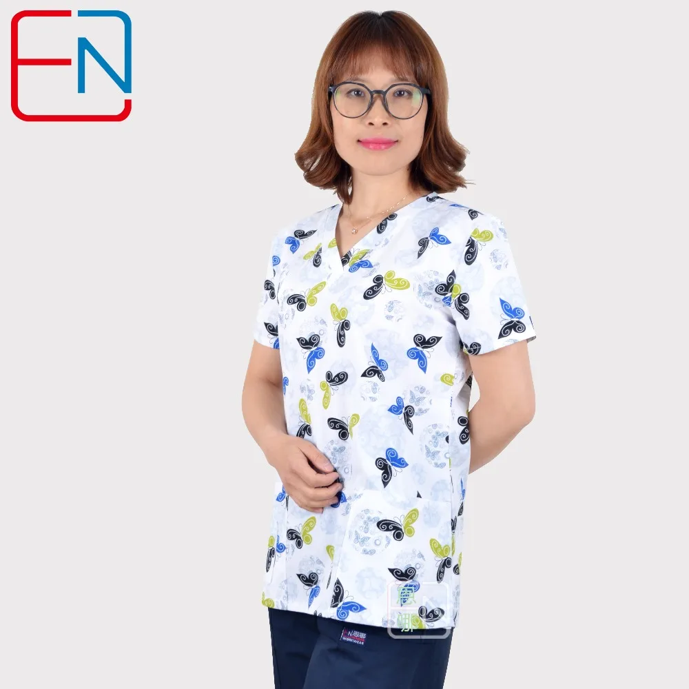 Polyster-Lovely-Print-scrub-Uniforms-Women-Breathable-V-Neck-Nurse ...
