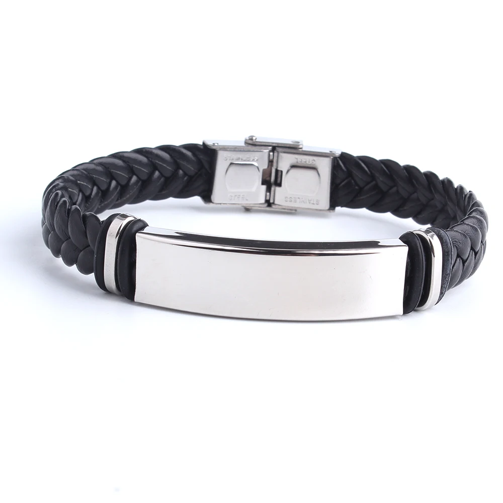 Custom logo Engrave Leather Stainless Steel Bracelet