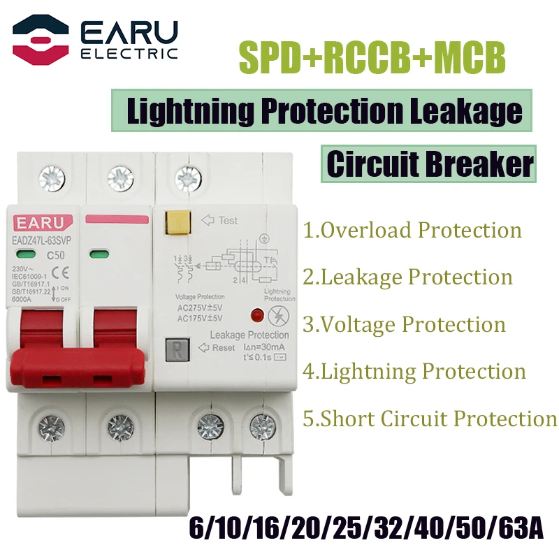 230V 2P SPD Residual Current Circuit Breaker With Overload Overvoltage ...