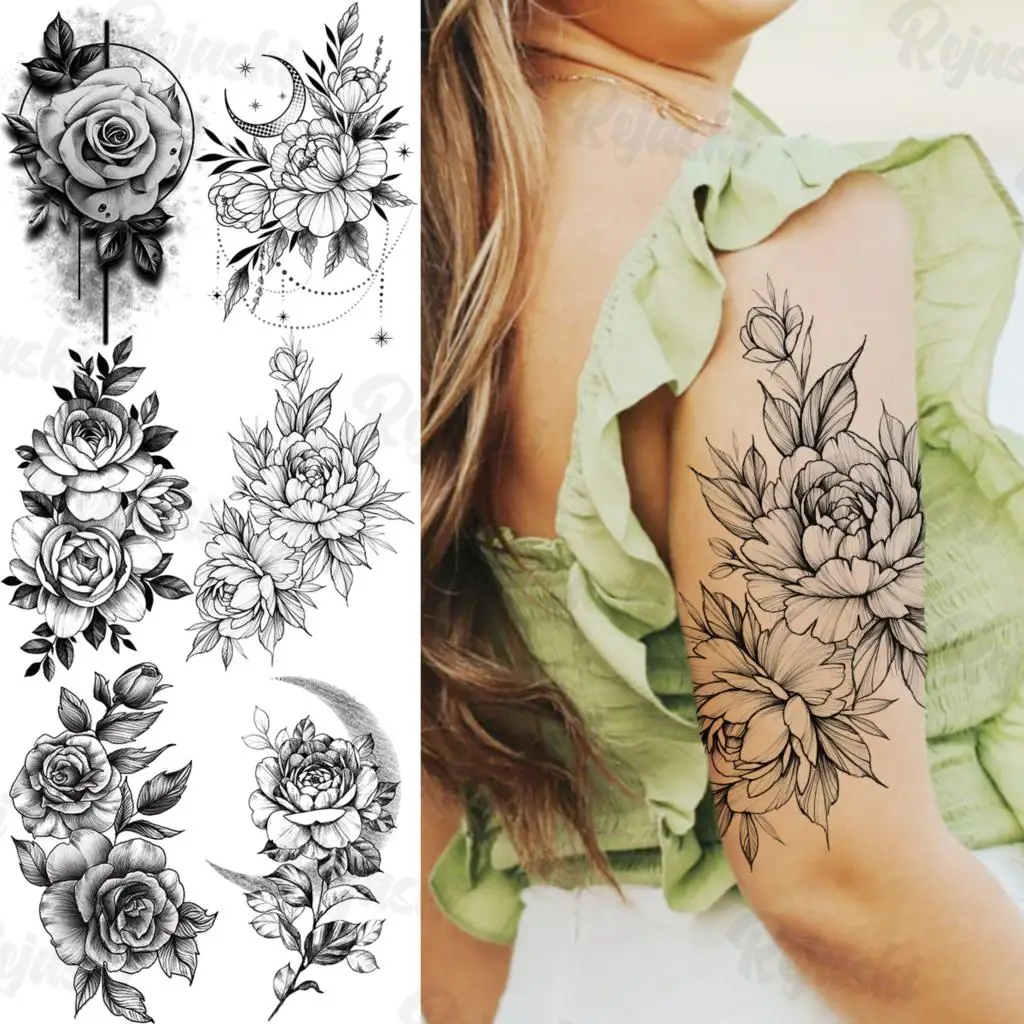 Black Dahlia Temporary Tattoos For Women Adults Realistic Rose Flower ...
