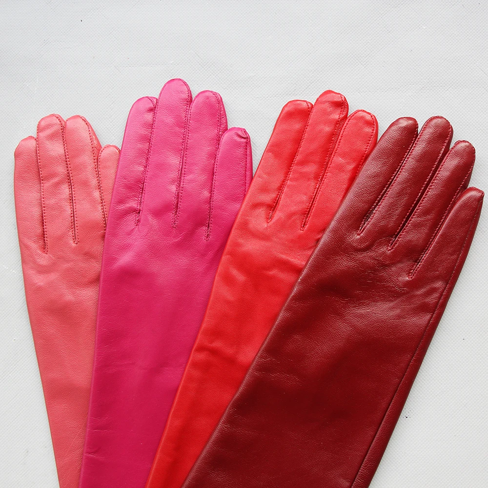 Women Real Leather Long Gloves Full Fingers Winter Warm Elbow Gloves ...