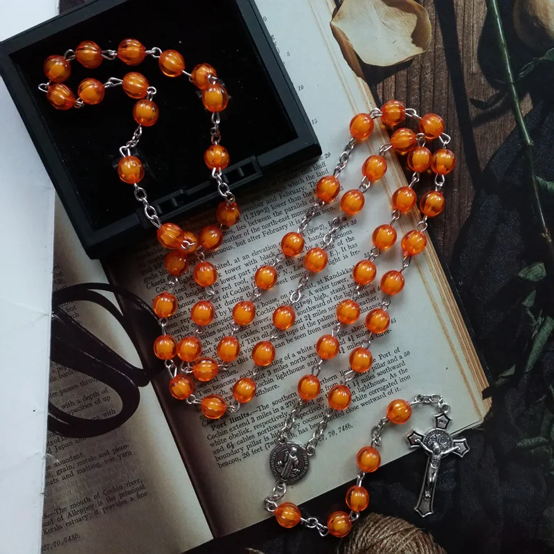 Saint-Benedict-Medal-Chaplet-Rosary-Necklace-Orange-Beaded-Chain ...