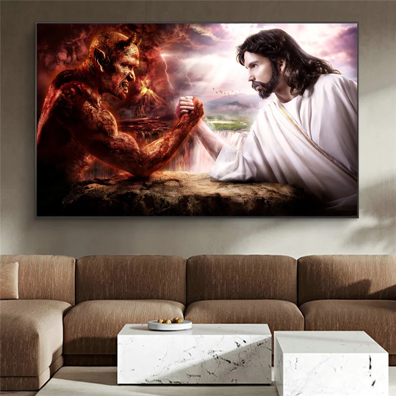 God Jesus vs Satan Devil Religion Wall Art Painting Printed on Canvas ...