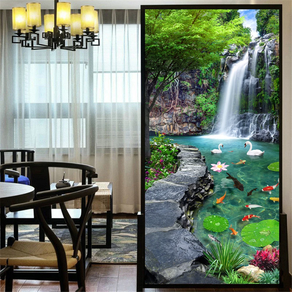 Decorative Windows Film Privacy Waterfall Scenery Stained Glass Window ...