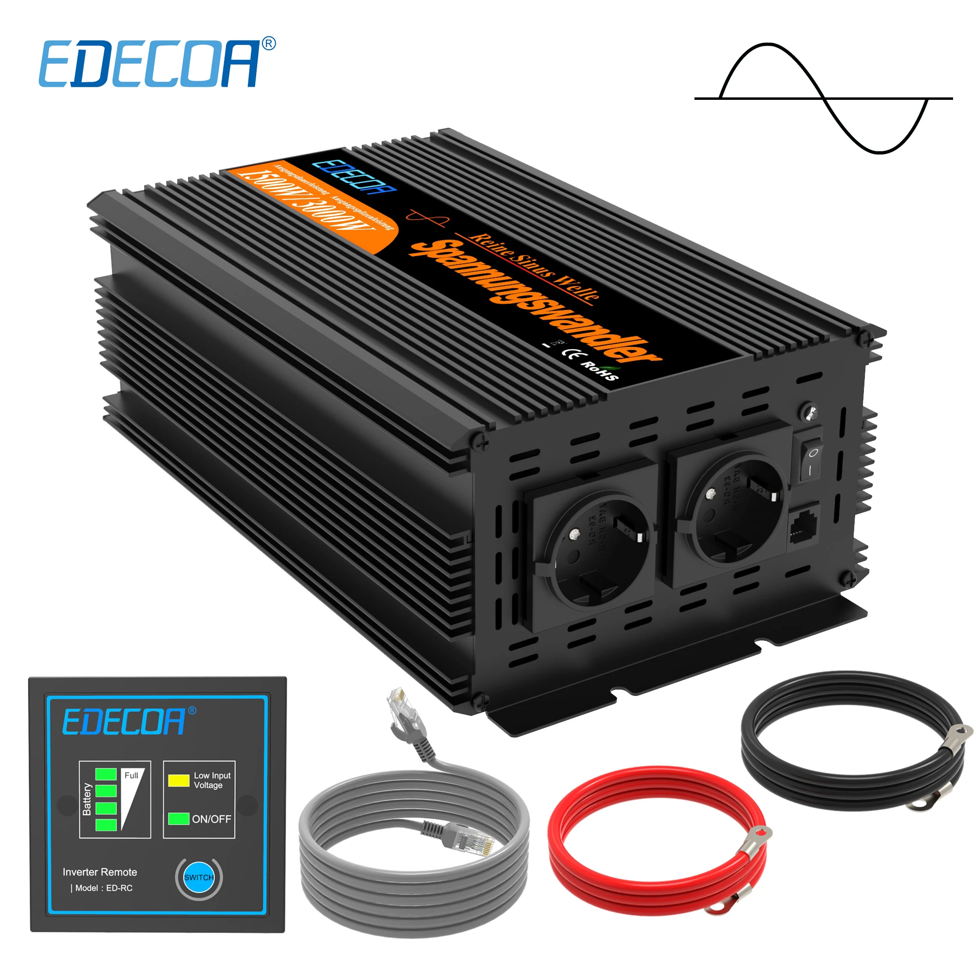 EDECOA power inverter 1500W pure sine wave 12V 24V to AC 220V 230V off ...