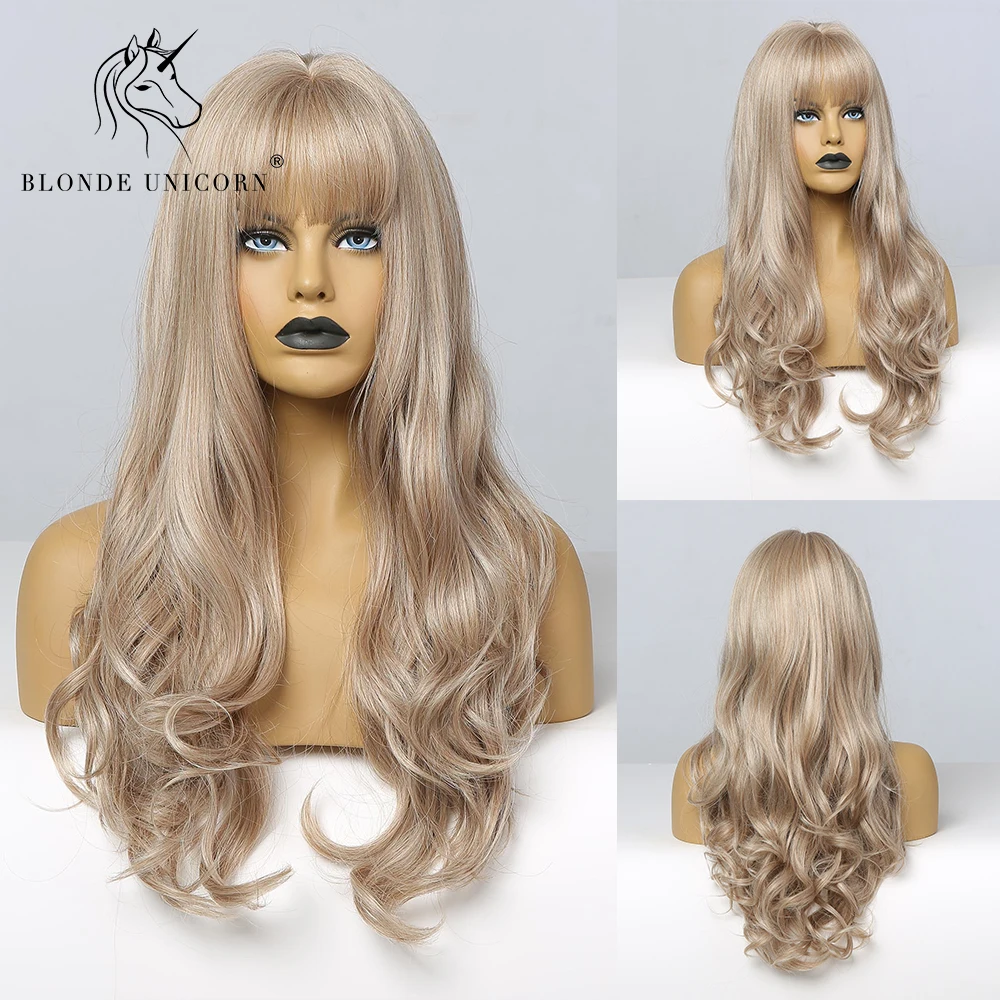Blonde Unicorn Synthetic Long Wavy Wigs with Bangs Light Blonde Cosplay ...