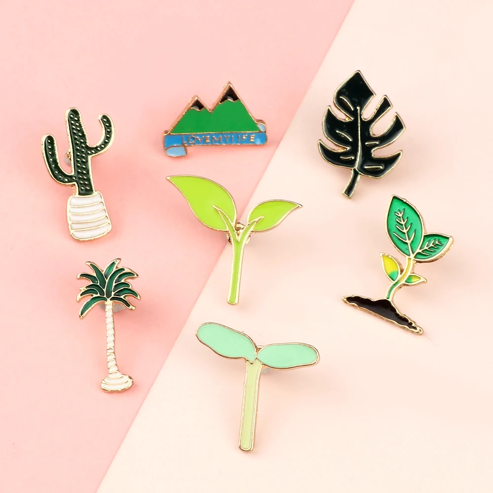 Simple Green Plant Enamel Brooch Coconut Tree Leaves Cactus Cartoon ...