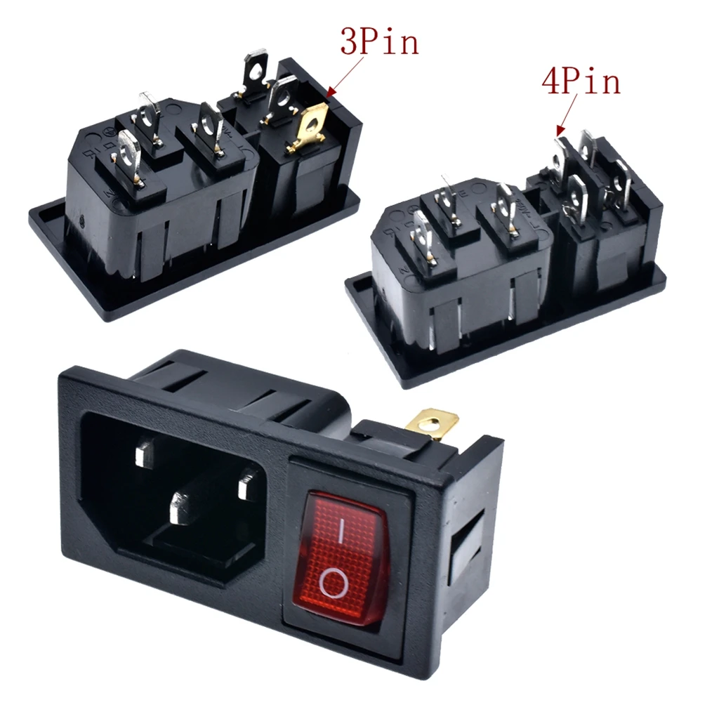 AC-10A-250V-3Pins-4Pins-Rocker-Switch-Power-Socket-Fused-IEC-320-C14 ...