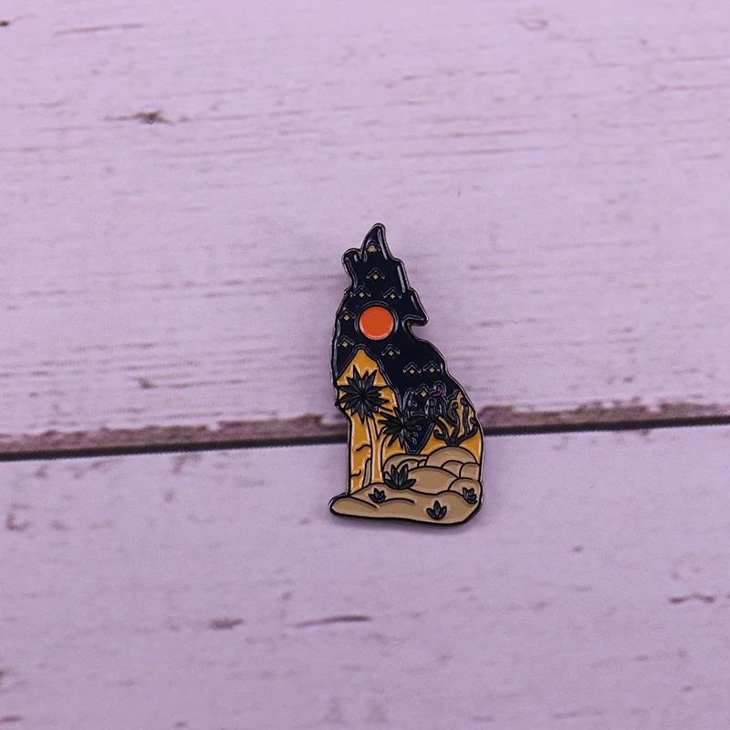 Cosmic Howling Wolf Enamel Pin Desert Landscape Pin - Brooches - AliExpress