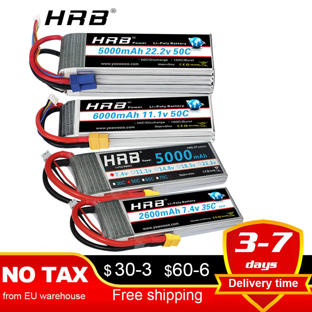 Hrb 6s 4s 3s Lipo Battery 11.1v 2200mah 2600mah 3300mah 4000mah 5000mah 6000mah 7000mah Xt60 ...