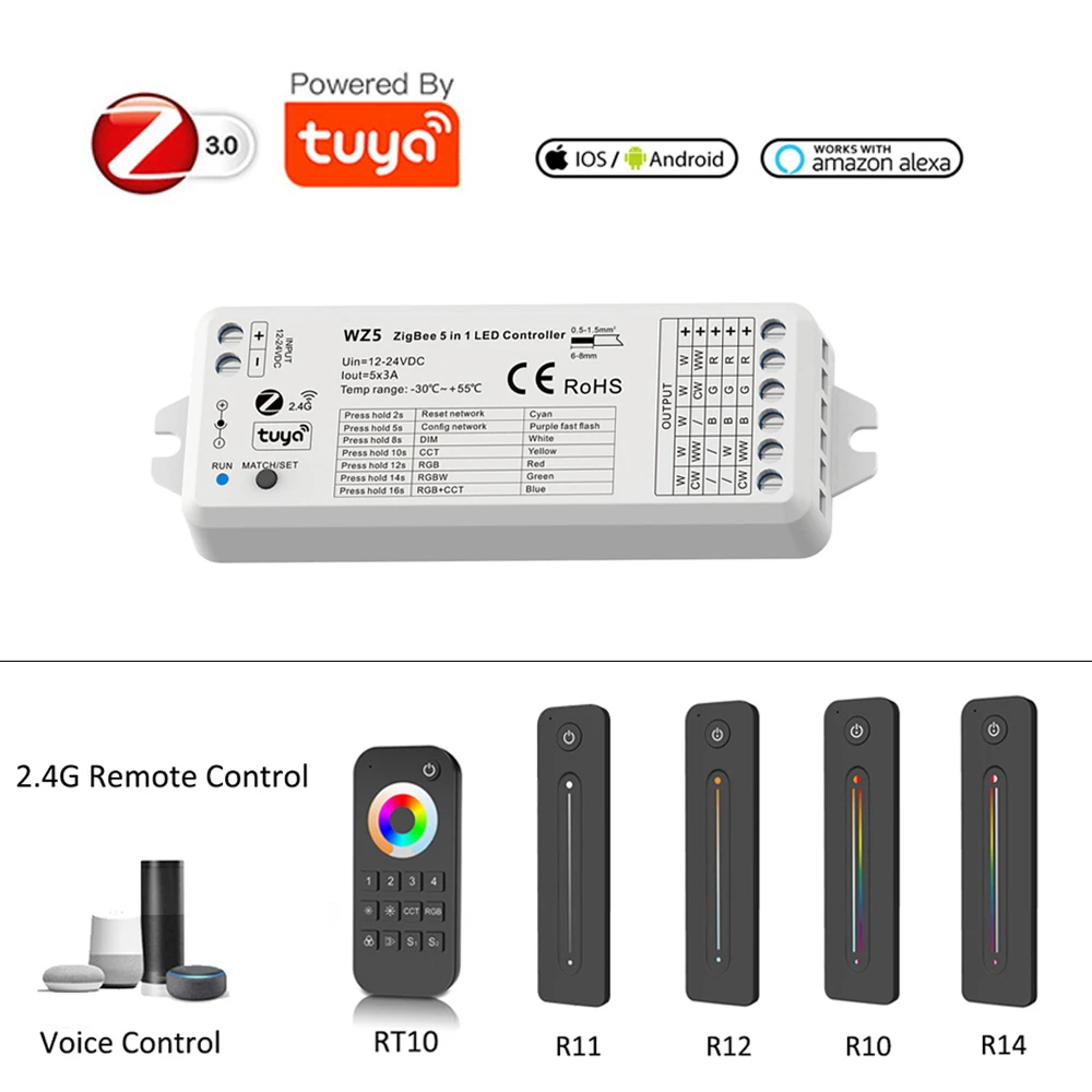 Tuya Zigbee Smart Led Controller Dc12v 24v Dim Rgb Rgbw Rgbww Rgbcw Rgbcct Strip 2.4g Rf Remote ...
