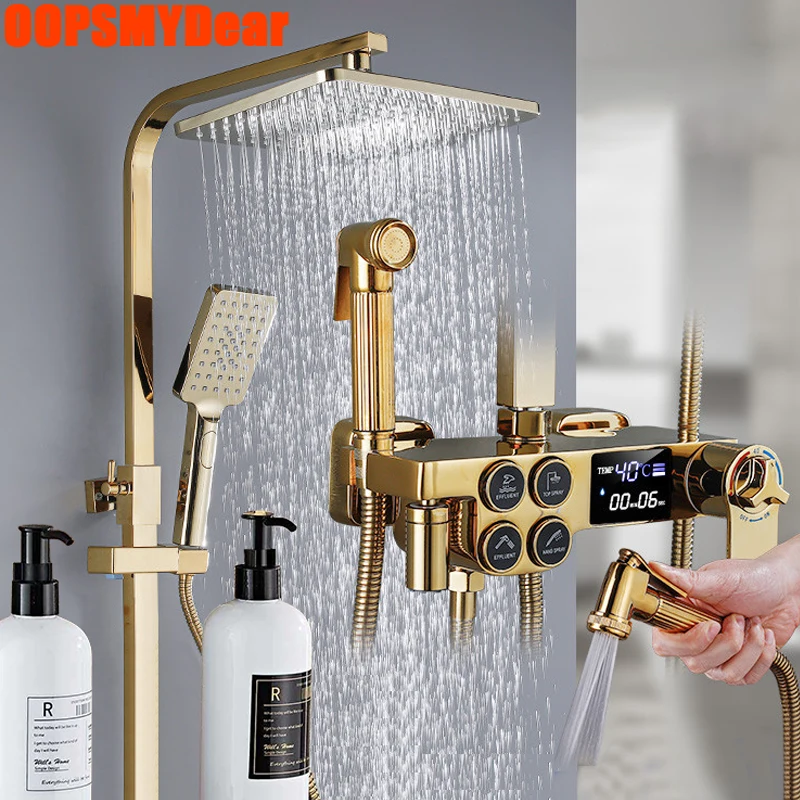 Gold Digital Shower Set Bathroom Smart Thermostatic Shower System Wall ...