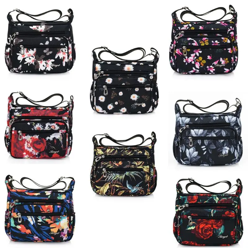 Women Floral Nylon Shoulder Crossbody Bag Multi Zipper Messenger ...