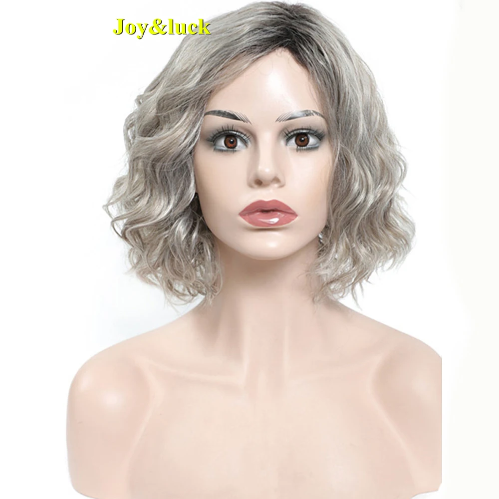 Joy&luck Short Water Wave Wig Ombre Grey Synthetic Wigs For Women Hair ...