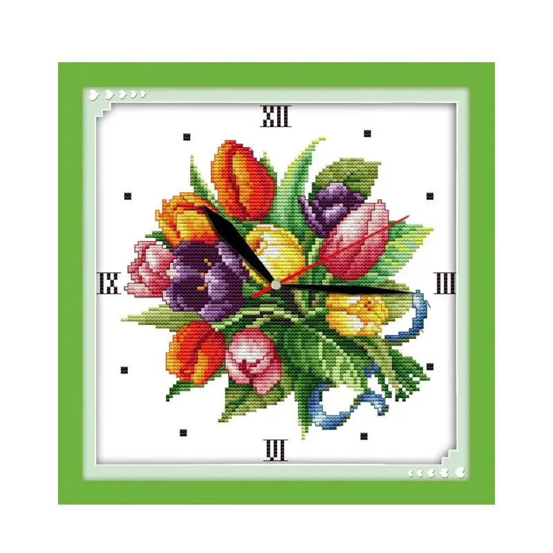 Tulip clock face cross stitch kit 14ct 11ct count print canvas wall ...