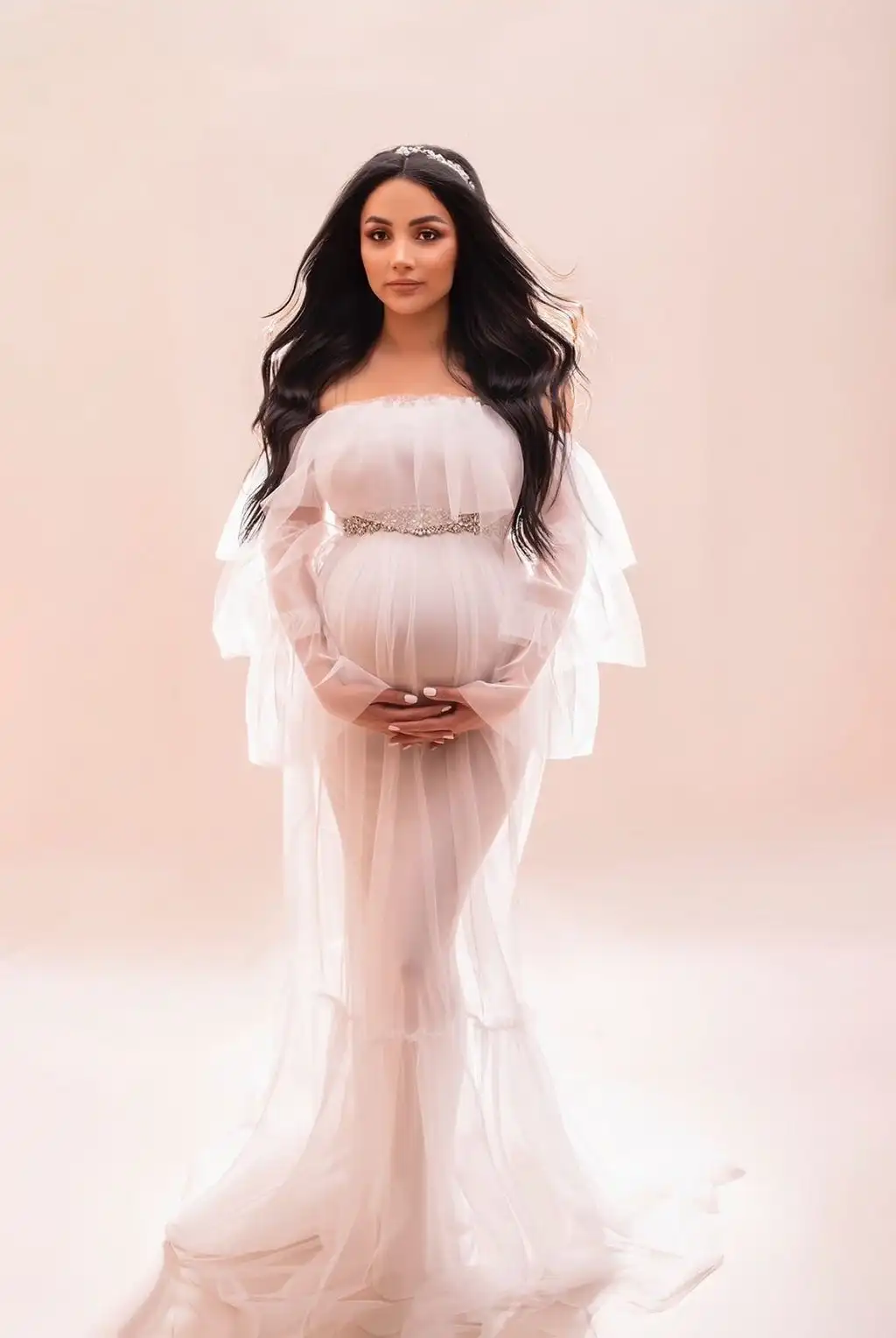 Off The Shoulder Tulle Maternity Dress Photo Shoot Women Long Sleeves ...
