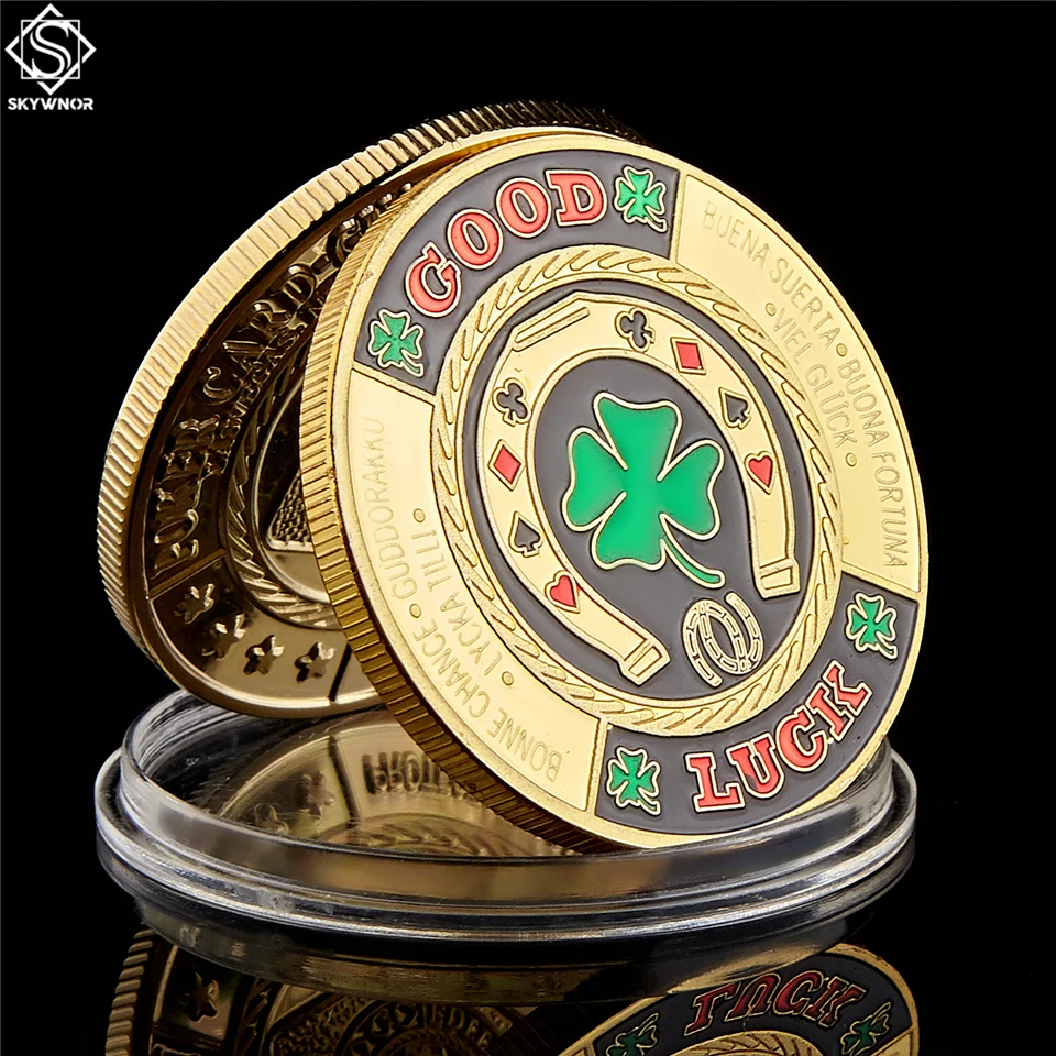 Gold Green Clover Good Luck Challenge Coin Fashion Poker Card Guard ...