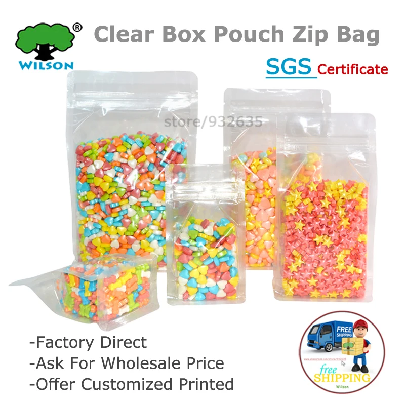 50Pcs Transparent Flat Bottom Box Pouch Bag Stand Up Zip lock Pouch ...