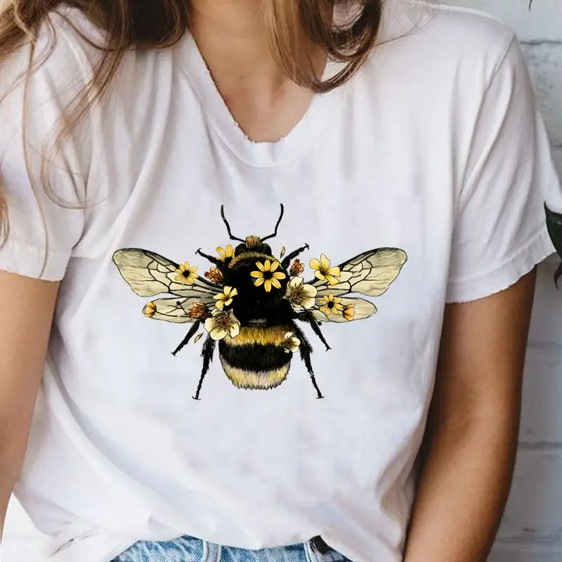 Women Tshirts Cartoon Bee Floral Fashion Stylish Print Female Graphic T ...