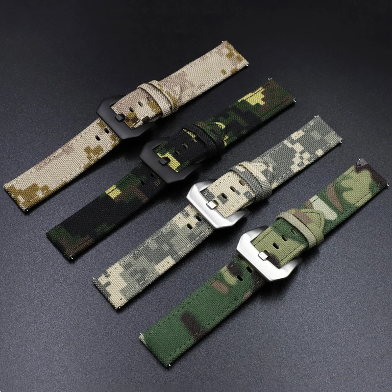 Canvas-Leather-Watchband-20mm-22mm-Camouflage-Watch-Strap-Band-Military ...