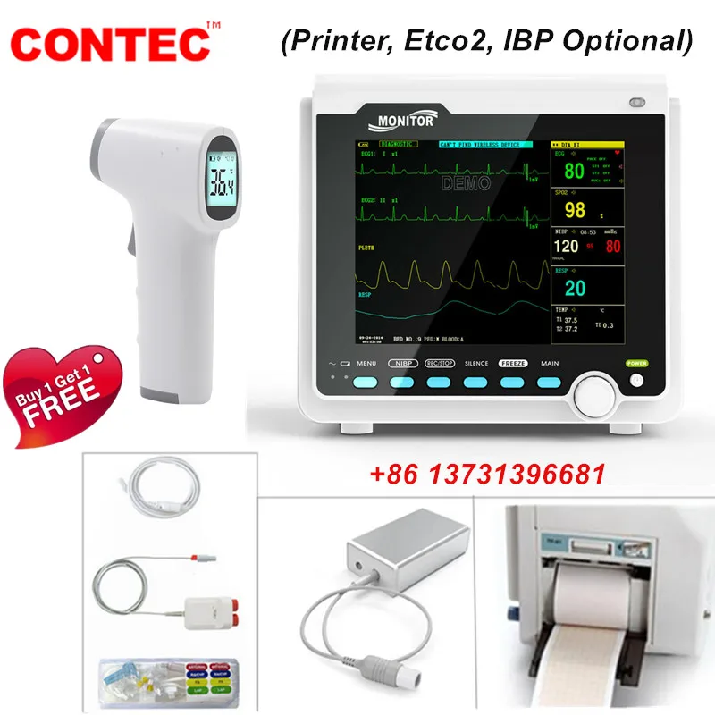 CONTEC Monitor portátil de 6 parámetros, 8 ", signos vitales, ECG, NIBP ...