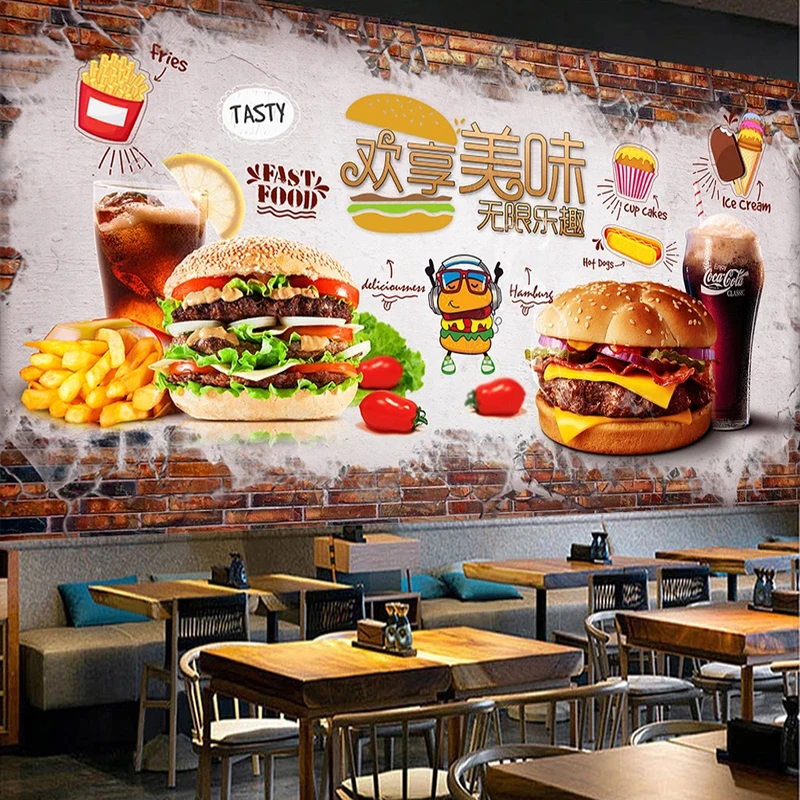 Custom Mural Wallpaper 3d Hand Painted Brick Wall Delicious Burger Fast ...