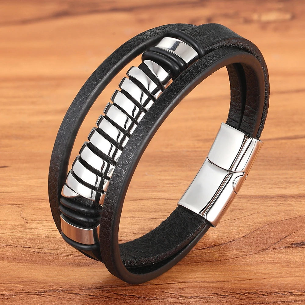 Cross Style Multi Layer Design Stainless Steel Fashion Men's Leather ...