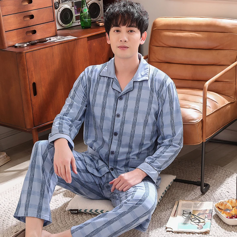 Striped-Pajamas-For-Men-Spring-100-Cotton-Long-Sleeve-Turn-down-Collar ...