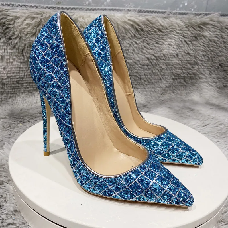 12cm Women's Very High Heel Shoes, Sexy Footwear with Blue Shiny ...